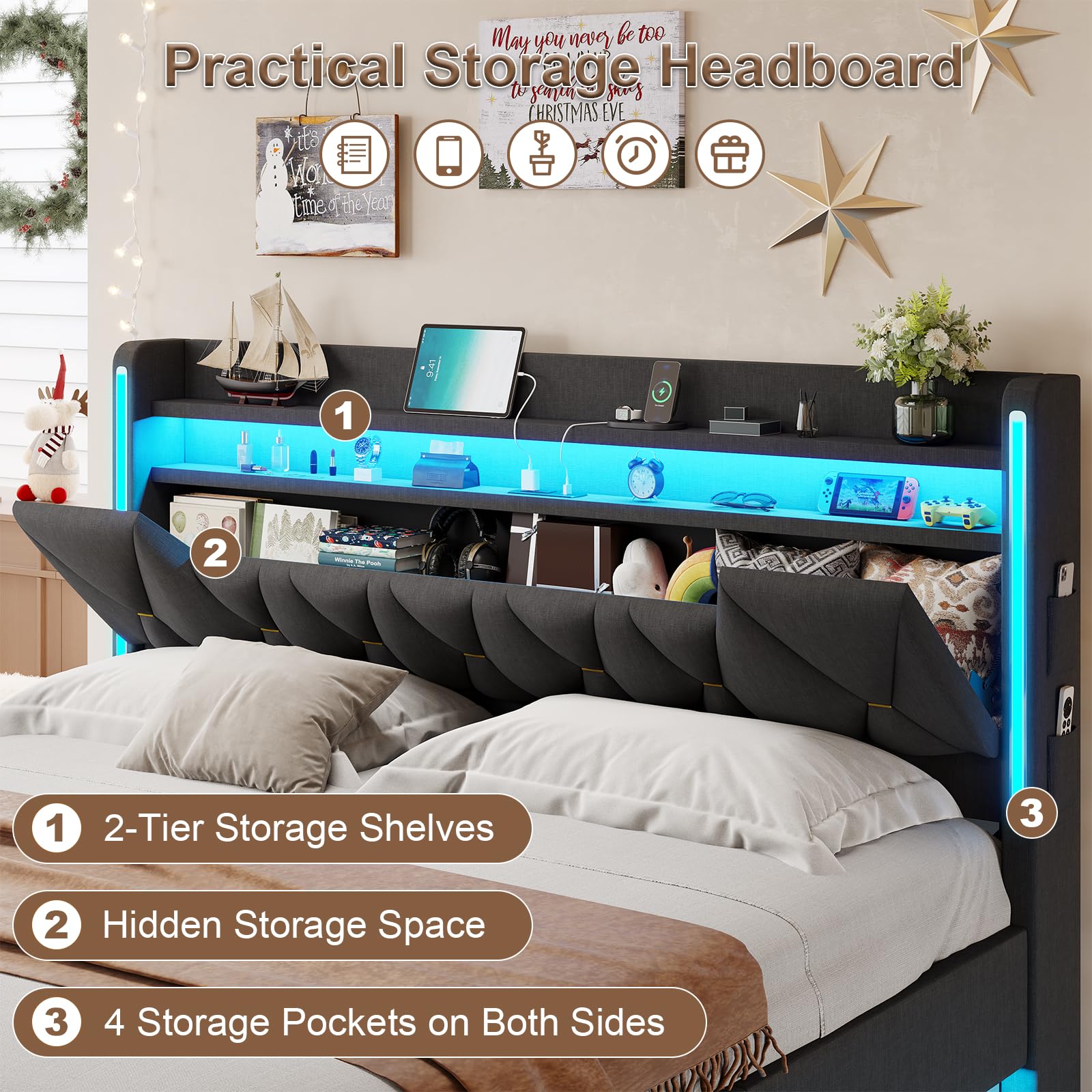 busyaeh King Floating Bed Frame with Hidden Storage Space and Charging Station, RGB Light Fabric Platform Bed with LED Light, No Box Spring Needed, Dark Gray