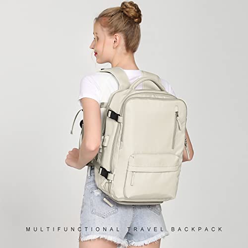 Large Travel Backpack Women, Carry On Backpack,Hiking Backpack Waterproof Outdoor Sports Rucksack Casual Daypack with USB Charging Port Shoes Compartment,Beige