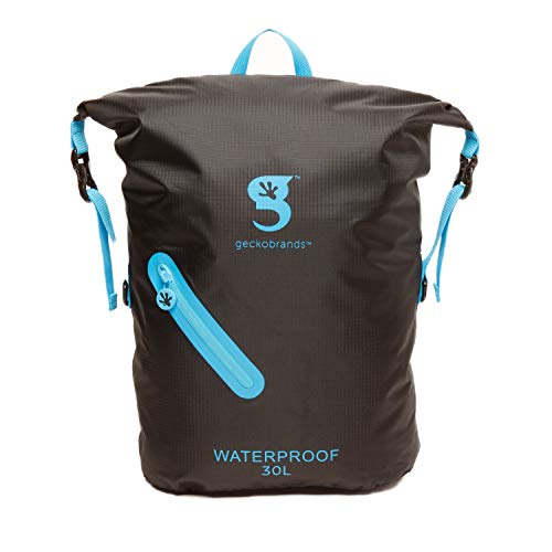 geckobrands Lightweight 30L Waterproof Backpack, Black/Neon Blue - Watertight Backpack for Hiking and Light Water Activities