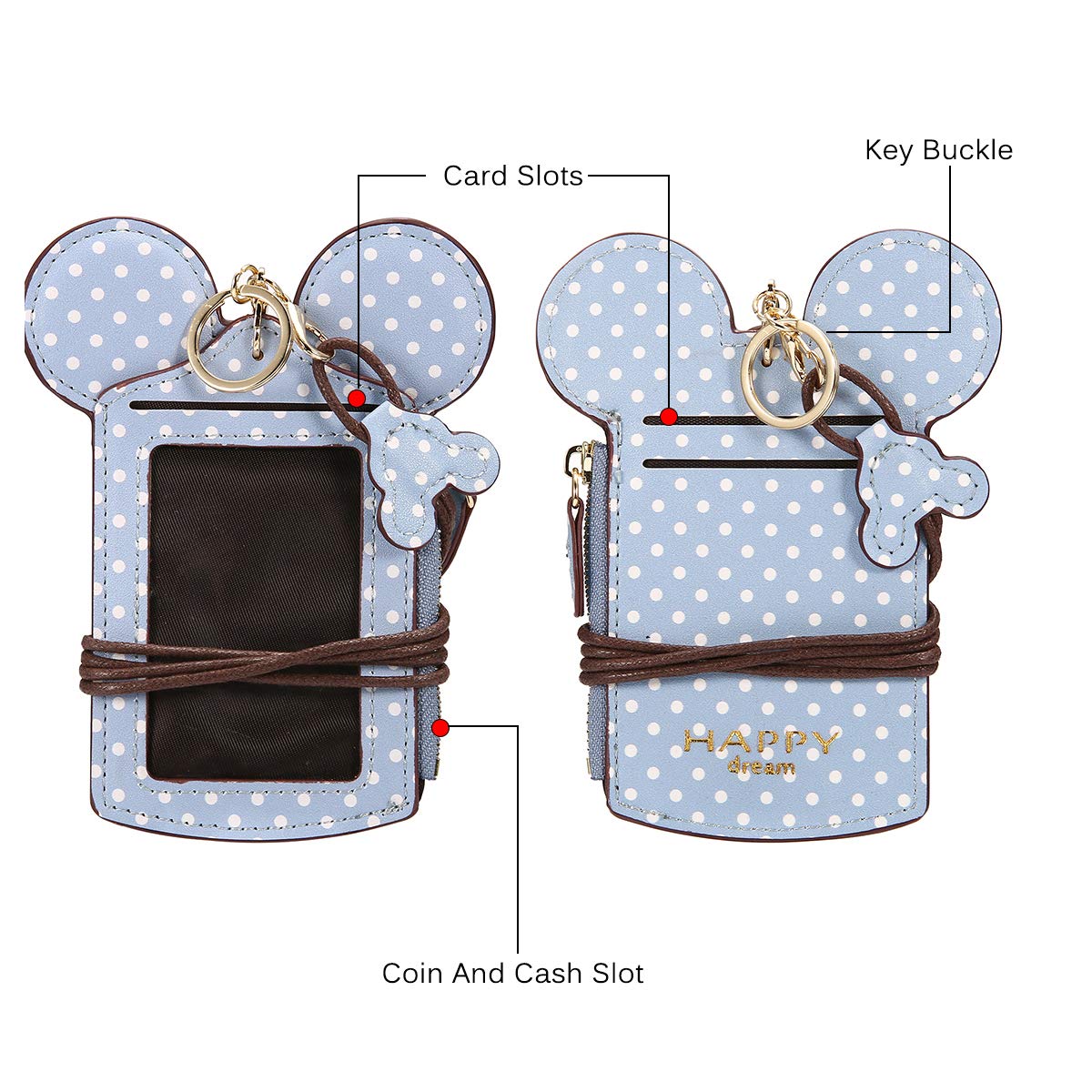 JOSEKO Women Cute Animal Shape Neck Bag Wave Dot Card Holder Lanyard Wallet Coin Purse Sky Blue 5.51''x 0.59''x 2.95''(L x W x H)