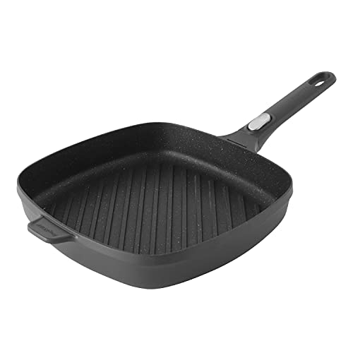 Berghoff GEM Non-Stick Cast Aluminum Grill Pan 11" 3.4 qt. Square Stay-Cool, Detachable Handle Ferno-Green, PFOA Free Coating Induction Cooktop Fast Heating Oven Safe