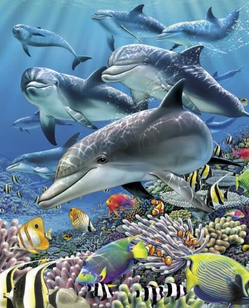 FlashPhoenix Quality Sewing Fabric - 35 x 44 Inch Digital Fabric Panel - David Textiles Living Sea Dolphin Fish Coral Nautical