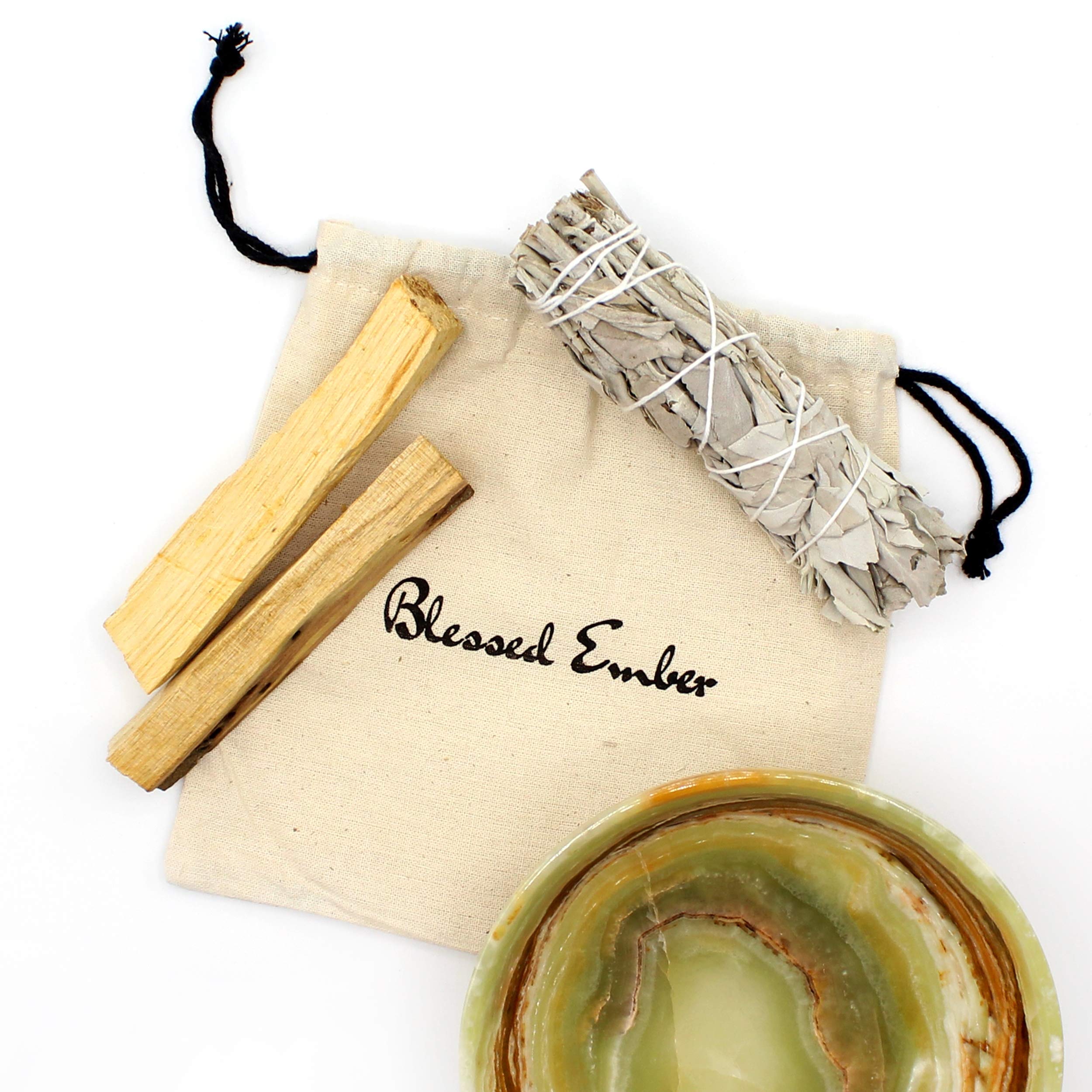 Blessed Ember Natural Stone Green Calcite Crystal Gemstone Smudge Bowl with Garden Sage and 2 Palo Santo Sticks