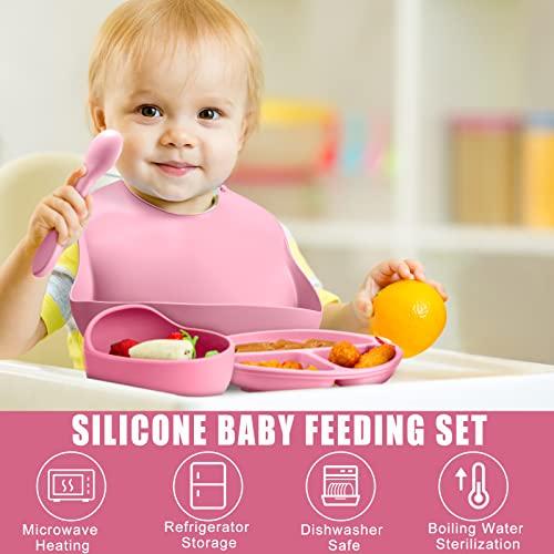 Gejoy 10 Pack Silicone Baby Feeding Set, Toddlers Led Weaning Feeding Supplies with Suction Baby Bowl Divided Plate Adjustable Bib Silicone Spoon Fork, Infant Self Eating Utensil Set (Pink, Purple)