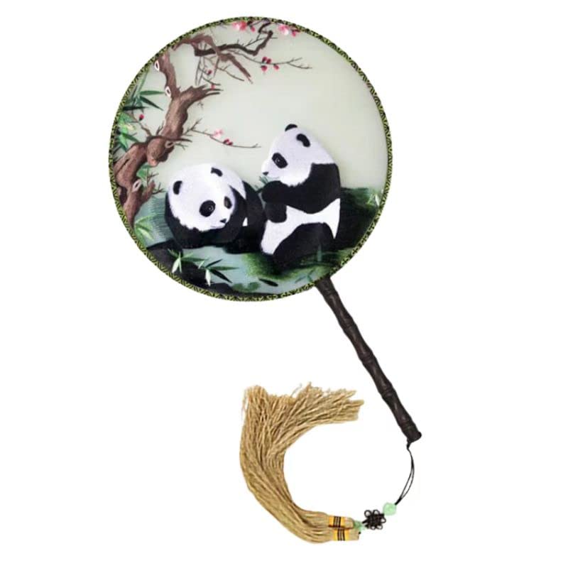 Chinese Shu Embroidery Fan, Handmade 100% Mulberry Silk, Round Fan Double Sided Embroidery Animals Panda (White)