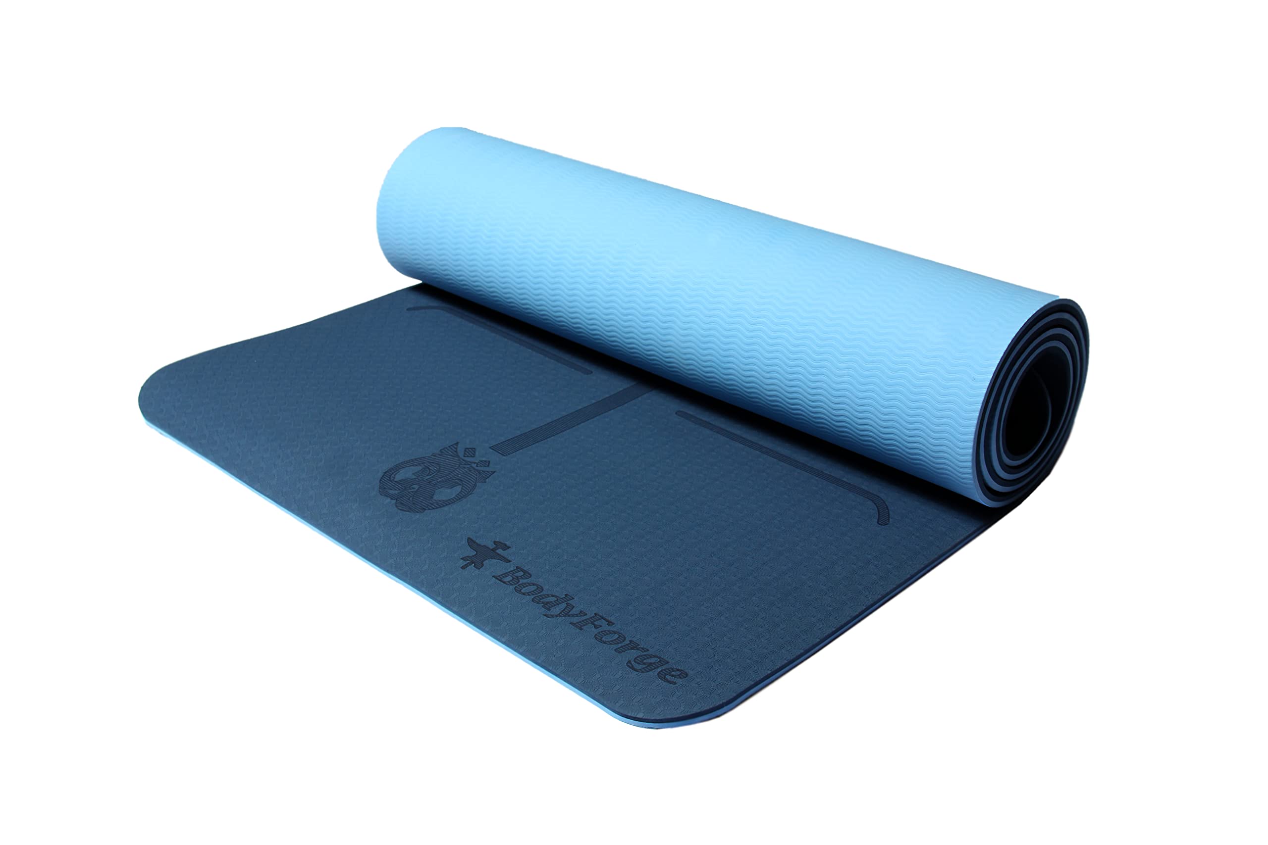 BodyForge Yoga Mat Thick Exercise Mat Thick 8mm TPE Eco-Friendly with Alignment Marks Non-Slip Extra Thick High-Density for Women Men Workout Pilates (Blue/Light Blue)