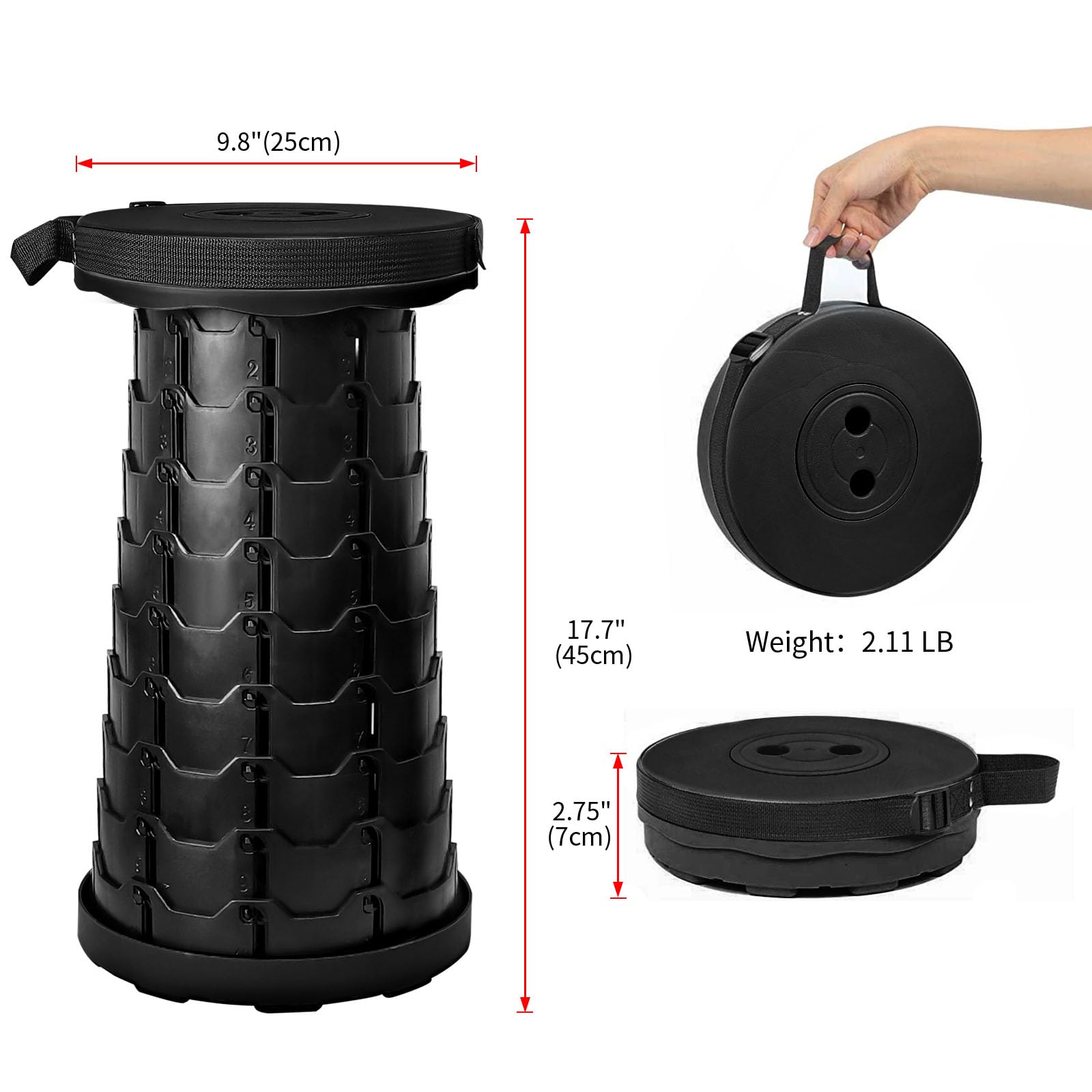 BEBODOFI Upgraded Foldable Telescoping Stool Portable, Lightweight Yet More Sturdy with Load Capacity 400lbs Collapsible Stool Retractable Stool for Camping Fishing Hiking BBQ (Black)