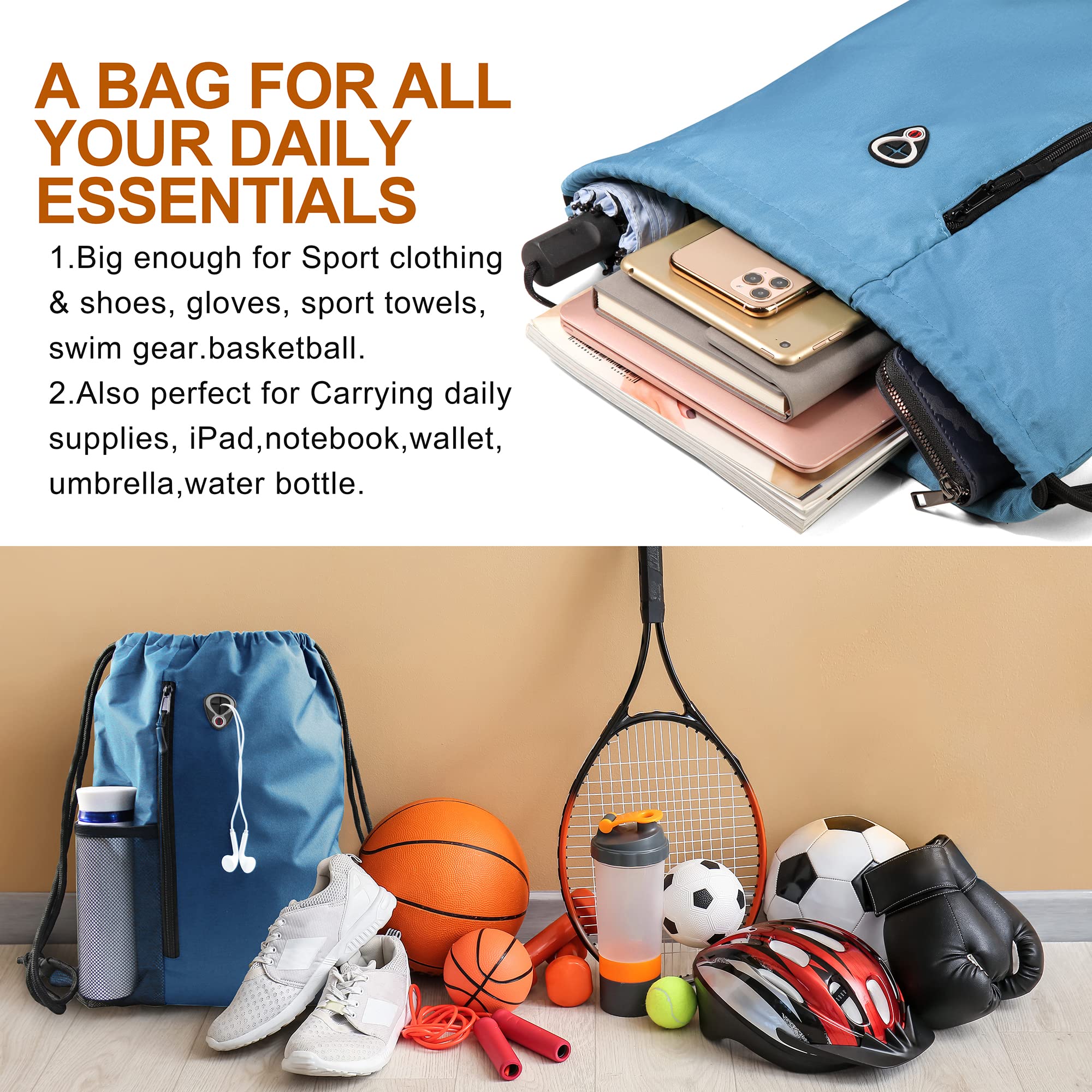 BeeGreen Blue Drawstrings Backpack Gym Sack For Men With Water Bottle Pocket &Front Zippered Pocket Large Sting Bags For WomenTraveling Yoga Beach Outdoor Gym
