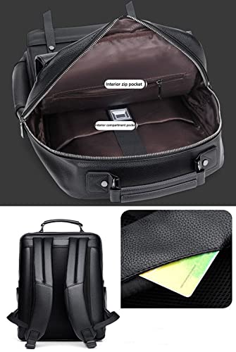 HKZHITOU Vintage Leather Laptop Backpack For Men,Men Black Leather College Backpack Travel Waterproof Bags Fit 15.6 Inch Notebook