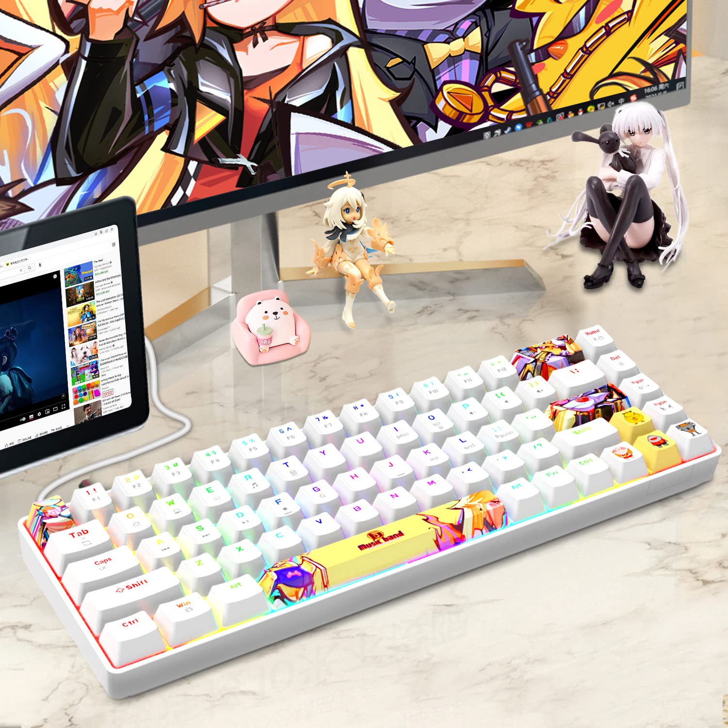 Portable 60% Mechanical Gaming Keyboard 18 Chroma RGB Backlit Ultra-Compact 68 Keys Dye Sublimation PBT Ergonomic Full Keys Anti-ghosting Compatible with PS4,PS5,PC,Gamers,Typist(White/Red Switch)