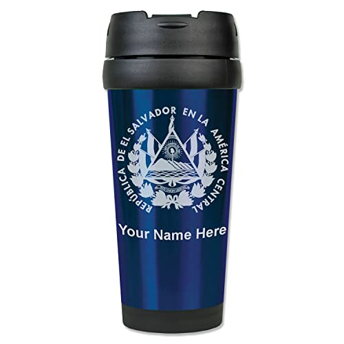 LaserGram 16oz Coffee Travel Mug, Flag of El Salvador, Personalized Engraving Included (Dark Blue)