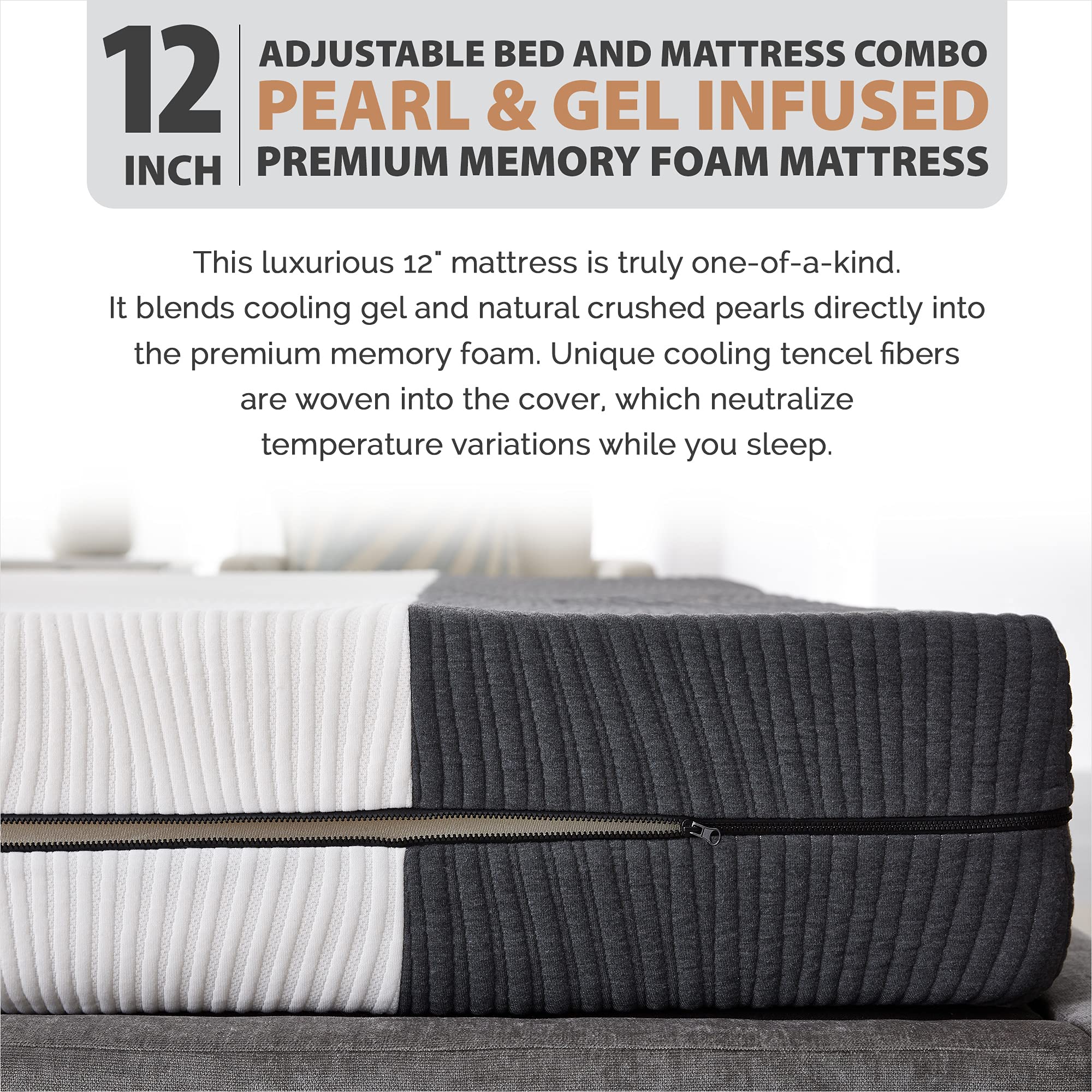 Blissful Nights Ananda 12" Pearl and Cool Gel Infused Memory Foam Mattress with Premium Adjustable Bed Frame Combo, Head Tilt, Massage, USB, Zero Gravity,Anti-Snore … (Split King)