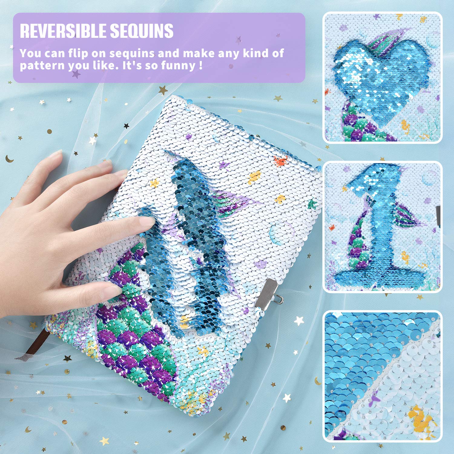 WERNNSAI Mermaid Diary for Girls with Lock - Kids Journals Set Sequins Unique Mermaid Gift for Girls ages 6-8, Travel School Office Notebook Notepad A5 Diary with Ballpoint Pen Bracelet Key-chain