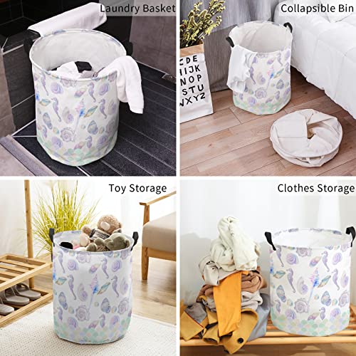 Laundry Basket Hamper with Handles, Beach Themed Waterproof Laundry Bin Foldable Clothes Basket for Storage Toys and Clothing Ocean Shells Starfish Illustraction 13.8x17 Inch