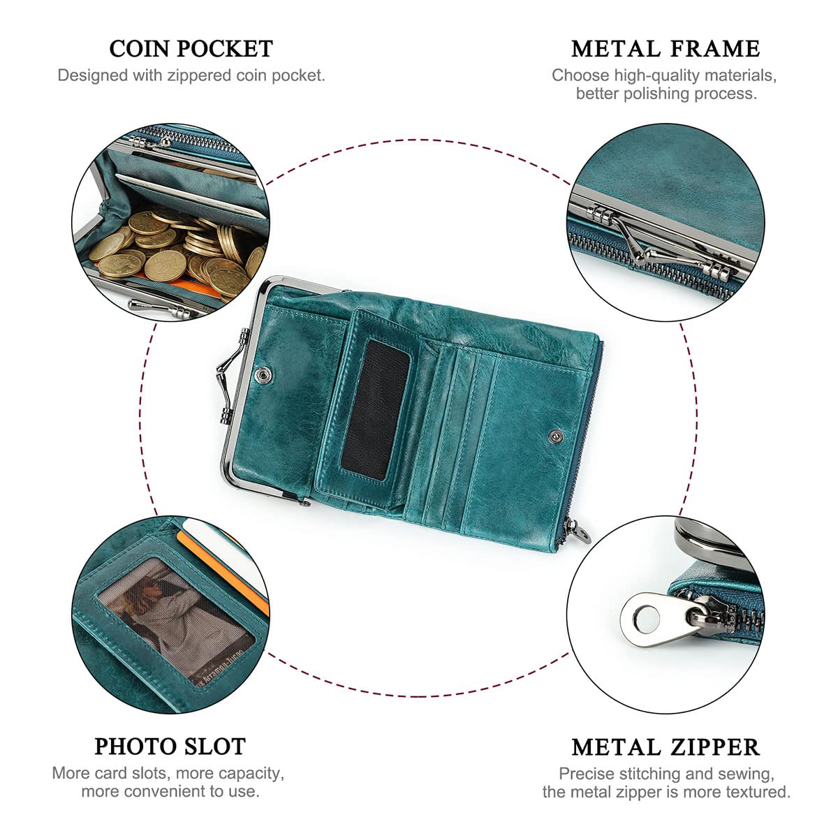 Contacts Womens Kiss Lock Wallet Leather Small Zipper Coin Pocket for Women Blue Bifold Rfid Clasp Purse Card Holder with Photo Window