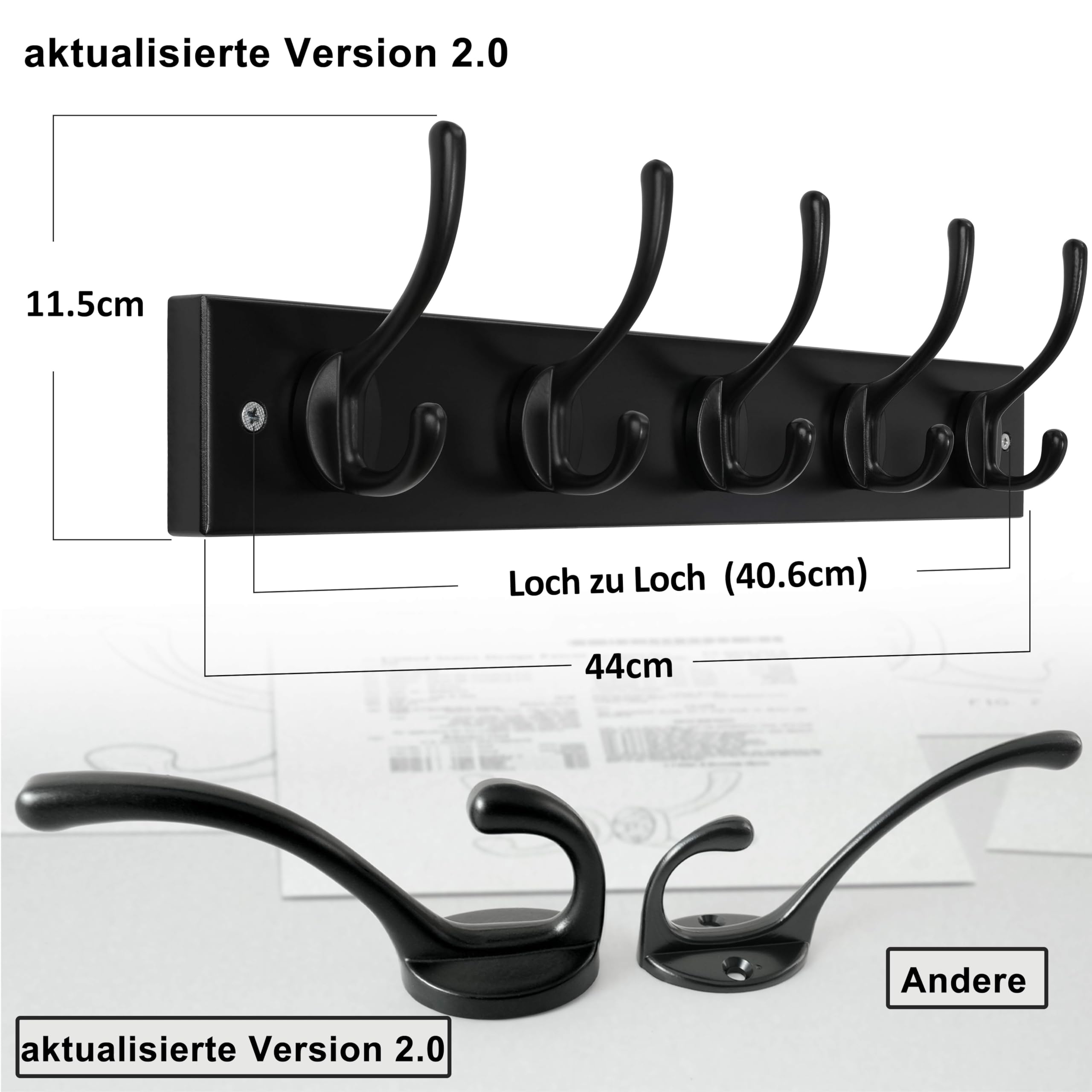 Dseap Wall Mounted Coat Rack: 16" Hole to Hole, Coat Hook Hanger with 5 Metal Hooks for Hanging Coats Towels Hats Clothes, Black