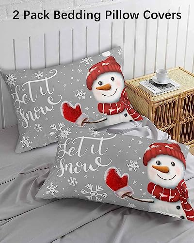 Edwiinsa Christmas Snowman Pillow Covers Standard Size Set of 2 Bed Pillow, Winter Red Snowflake Grey Plush Soft Comfort for Hair/Skin Cooling Pillowcases with Envelop Closure 20x26 Inches
