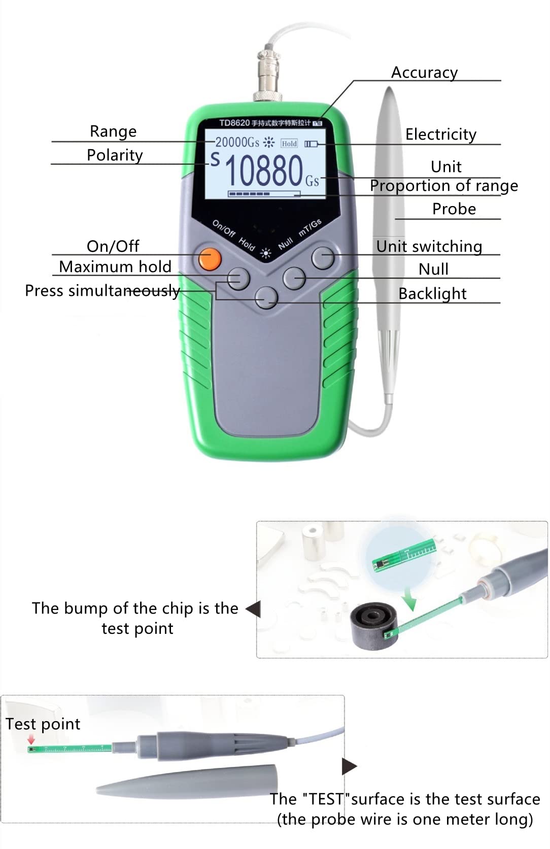 Devonian TD8620 Gauss Meter Handheld Magnetic Field Tester Magnetic Tester Digital Tesla Meter with Probe 0-2400 mT (24000 Gs)