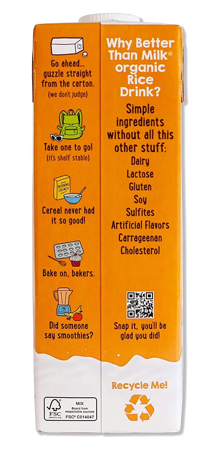 Better Than Milk Organic Rice Milk Unsweetened Hazelnut - Dairy-Free Vegan Friendly, Non GMO Certified,33.8 Fl.Oz