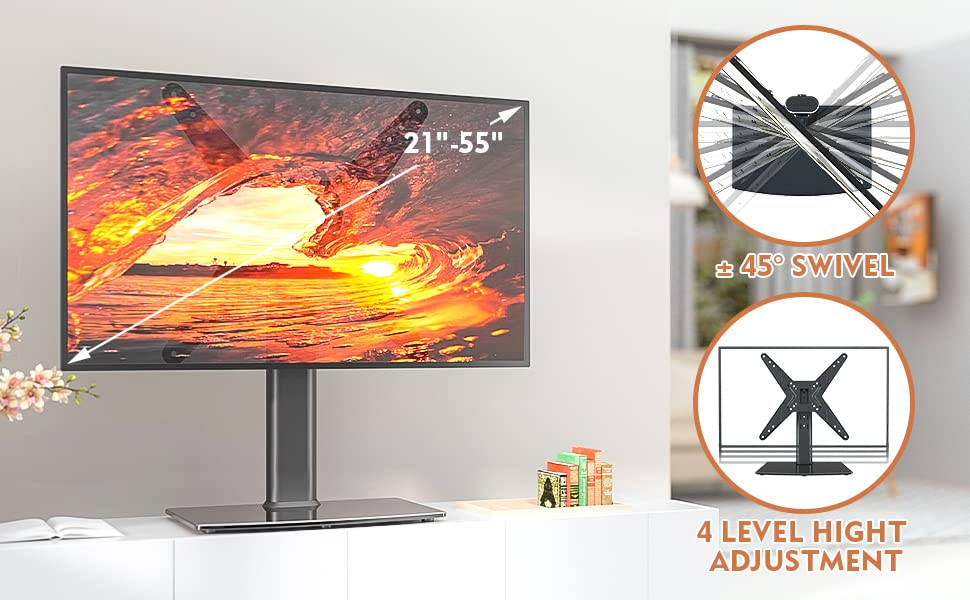 Hemudu Universal Swivel TV Stand/Base Table Top TV Stand for 21 to 55 inch TVs with 90 Degree Swivel, 4 Level Height Adjustable, Heavy Duty Tempered Glass Base, Holds up to 99lbs, HT02B-002