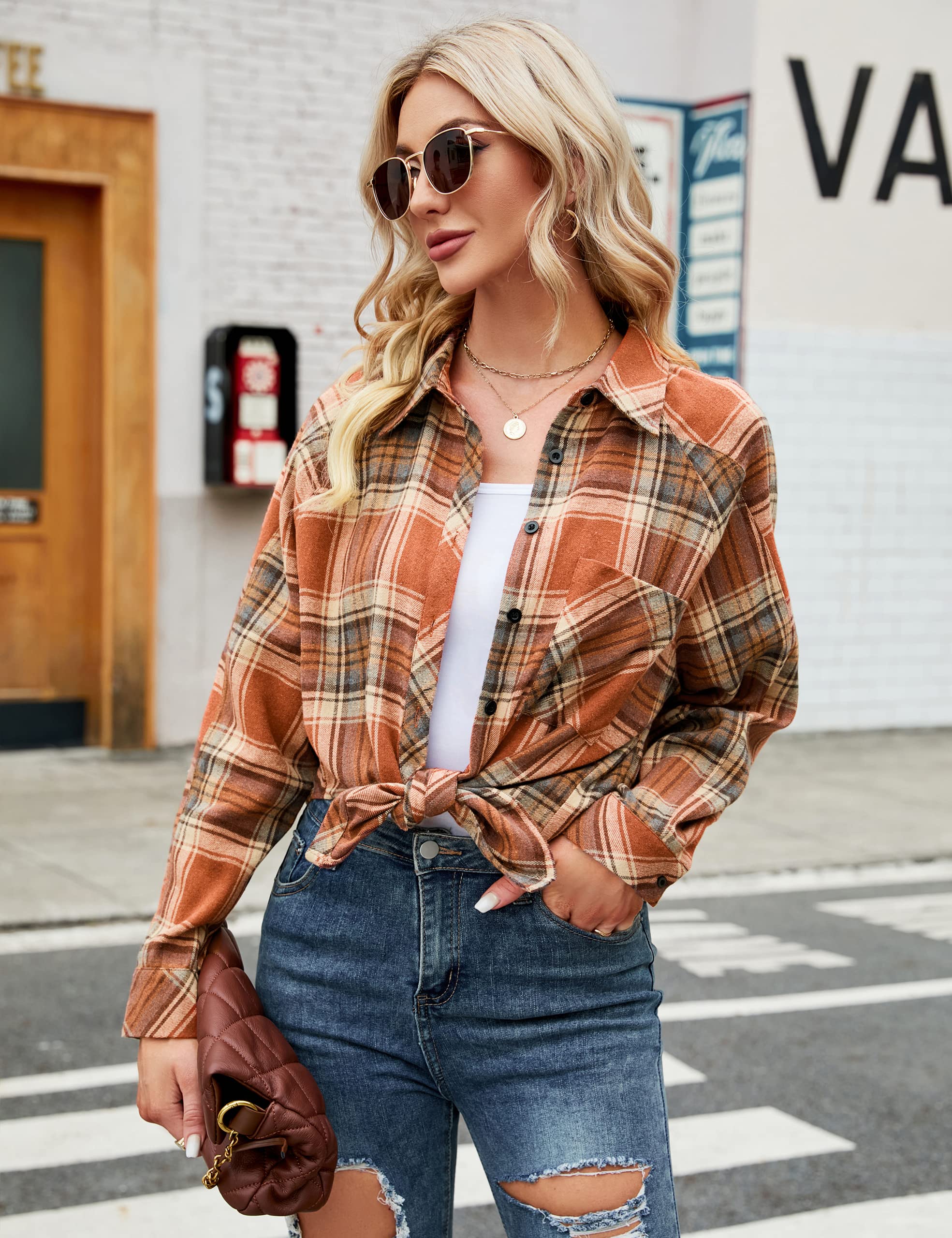 Blooming Jelly Womens Long Sleeve Shirts Flannel Plaid Tops 2023 Button Down Casual Fall Outfits Shacket(Medium, Orange Plaid)