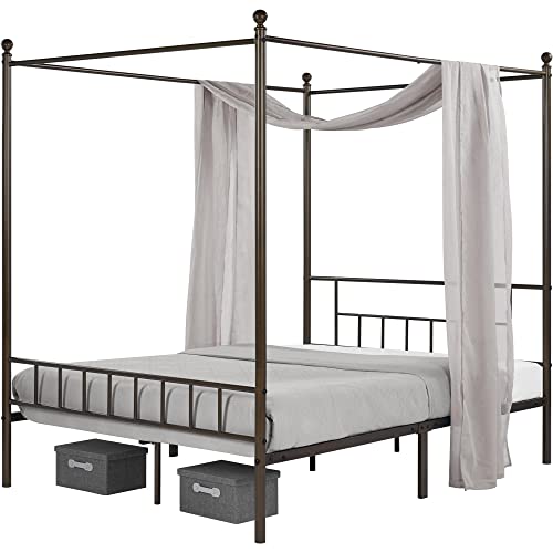 Topeakmart Bronze Four-Poster Canopy Metal Bed Frame with Headboard and Footboard Sturdy Slatted Structure No Box Spring Needed Queen Size