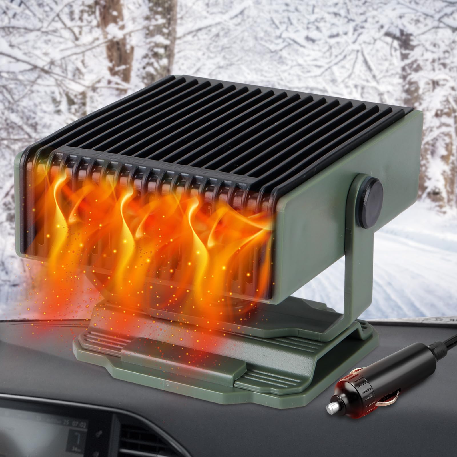 Baquler 12V 150W Portable Car Heater Windshield Defogger 2 In 1 Windshield Defroster Rotatable Fast Heating and Cooling Fan Automotive Windscreen Demister with 360 Degree Rotary Base(Dark Green)