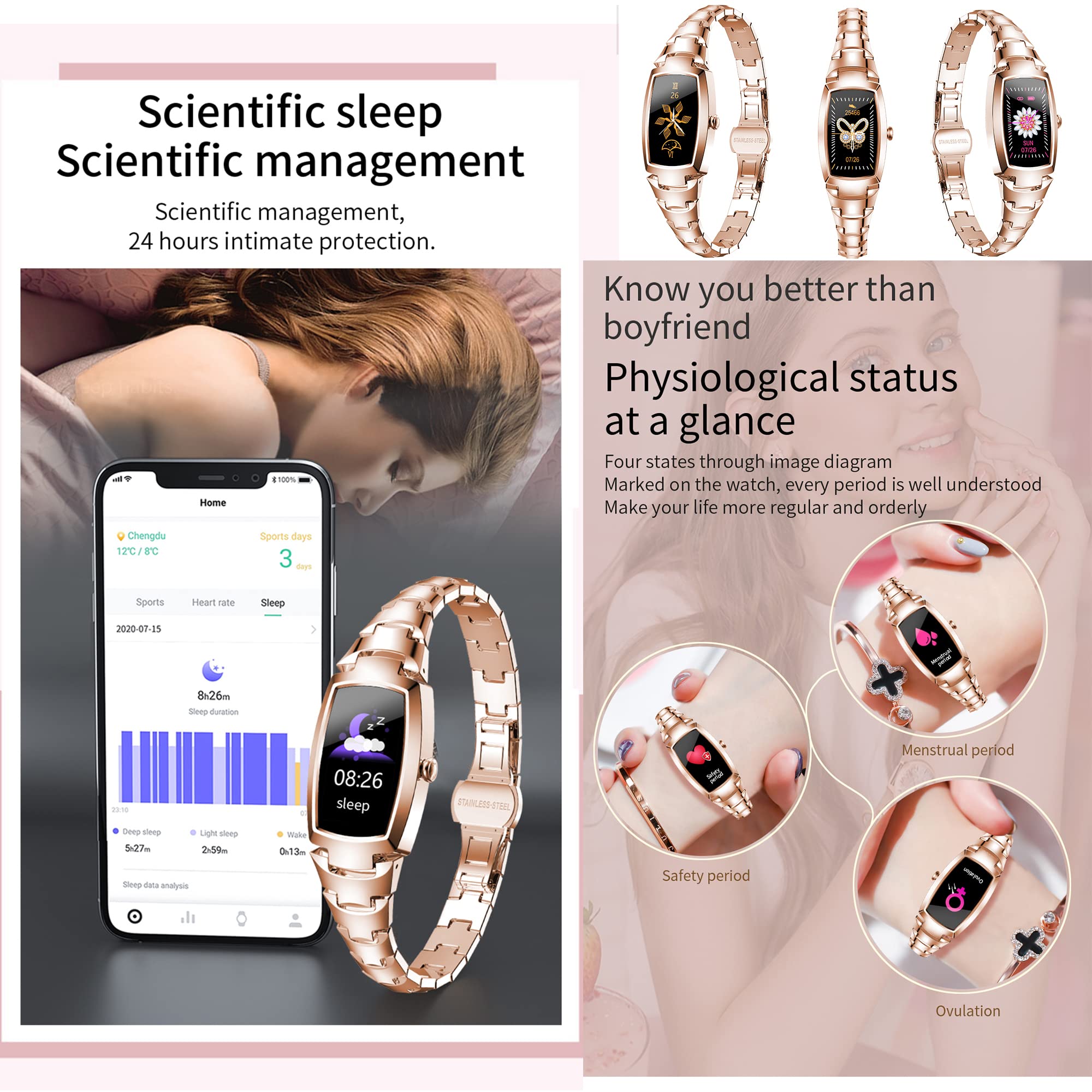 GMYOOD Smart Watch for Women, 2022 Smart Watch for Android Phones & iPhone Compatible, IP67 Waterproof Stainless Steel Activity Tracker with Blood Pressure Heart Rate SpO2 Sleep Tracker (Gold)