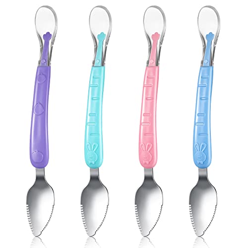 Lallisa 4 Pcs Double Head Baby Silicone Food Spoon Baby Fruit Scraping Mud Spoon Soft Baby Feeding Spoon Baby Food Scraper Spoon for Infants Baby Fruit Scraping Feeding