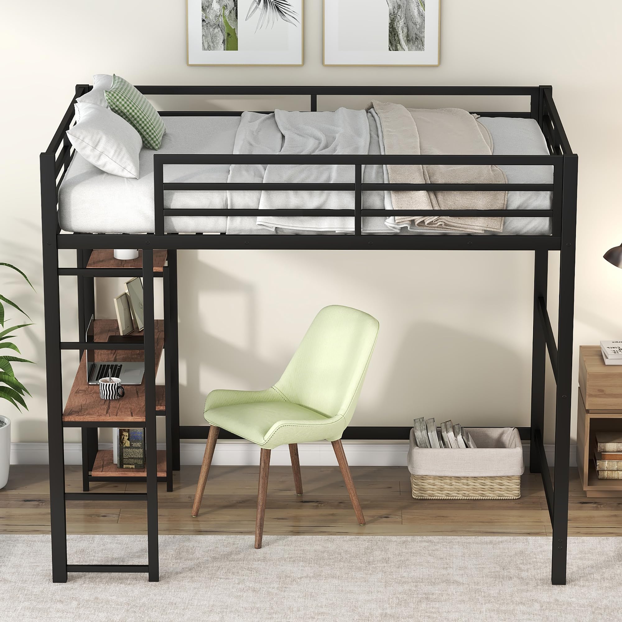 Harper & Bright Designs Full Size Loft Bed with Upper Grid Storage Shelf, Metal Full Loft Bed with Storage Stairs, Space Saving High Loft Bed for Teens Boys Girls,No Box Spring Needed, White