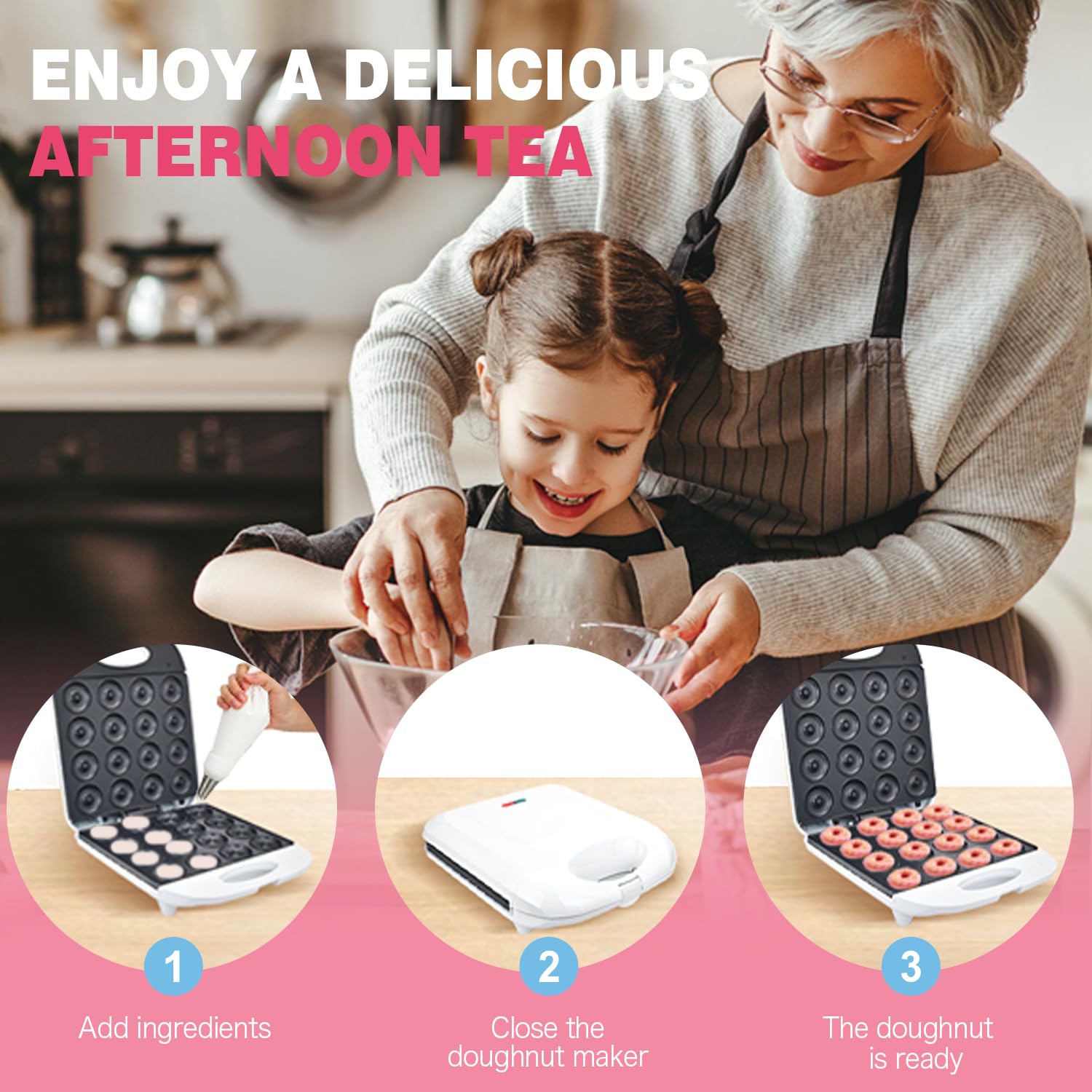 DSP All in One Mini Donut Maker - Non-Stick, Cool Touch Electric Doughnut Machine for 16 Mini Donuts - 1400W Perfect for Breakfast, Snacks & Desserts