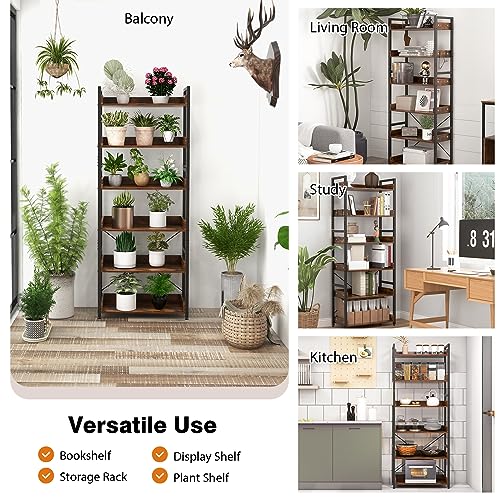 Giantex Industrial 6-Tier Bookshelf, 70" Tall Freestanding Storage Display Shelf with 4 Hooks, Anti-Tipping Device, Adjustable Foot Pads, Wooden Floor Open Display Shelving, Bookcase Shelf Rack