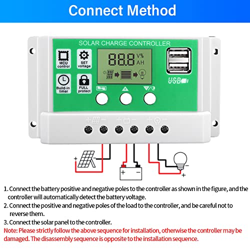 Cxztcl PWM Solar Charge Controller 10A Solar Panel Battery Controller Intelligent Regulator 12V/24V PWM LCD Display Solar Controller Street Light Controller