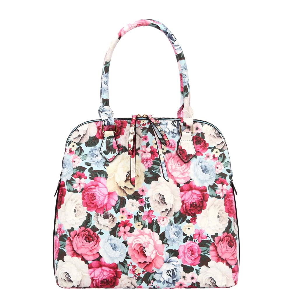 Boho Flower Print Vegan Leather Large Tall Dome Satchel Handbag Wallet Set (Flower Print - Blush)