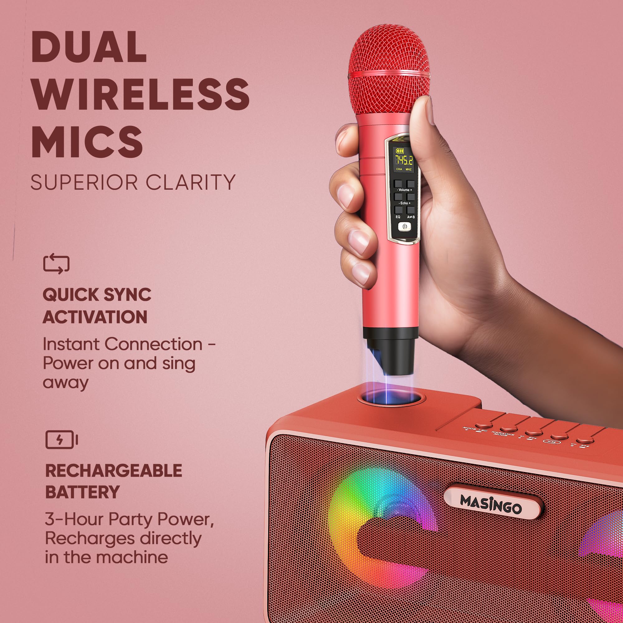 MASINGO Karaoke Machine for Adults and Kids with 2 Wireless Microphones, Portable Bluetooth Singing Speaker, Colorful LED Lights, PA System, Lyrics Display Phone Holder, and TV Cable. Presto G2 Pink