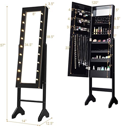 Giantex Standing Jewelry Armoire with 18 LED Lights Around the Door, Large Storage Mirrored Jewelry Cabinet with Full Length Mirror, 16 Lipstick Holders, 1 Inside Makeup Mirror (Black)