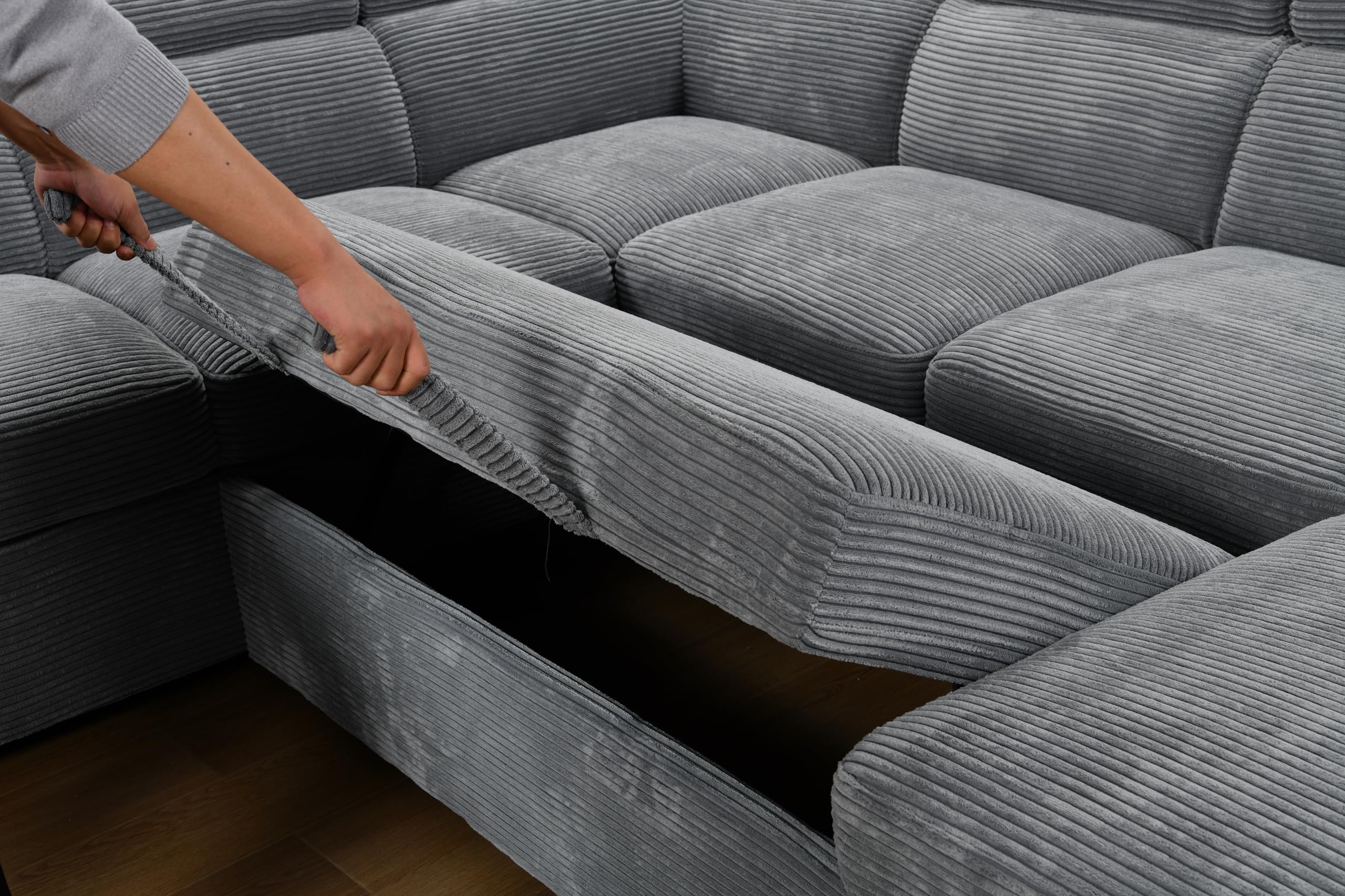 THSUPER 146'' Oversized Sectional Sleeper Sofa with Chaise Lounge and 2 Pull-Out Bed, 7-Seater U-Shaped Sectional Couches with Cuddler and 2 Cup Holders for Living Room - Belfast Fabric Dark Grey