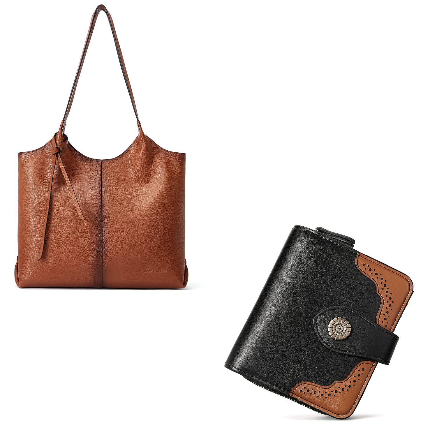 BOSTANTEN Women Handbags Designer Shoulder Tote Bag Soft Genuine Leather Purse Bundle with Women Leather Wallet RFID Blocking Small Bifold Wallet