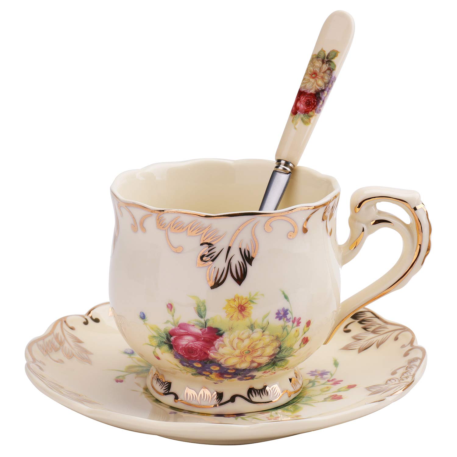 Foraineam Set of 2 Tea Cup and Saucer, 8 oz. Flowering Shrubs Ivory Ceramic Coffee Cup Fancy Floral Porcelain Tea Cup Set with Saucer and Spoon