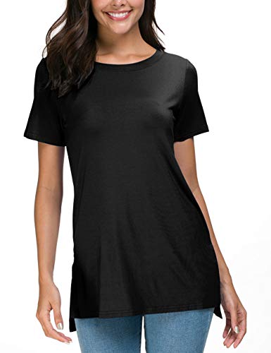 Herou Women Black Short Sleeve Tops Casual Summer Crewneck T-Shirt Tees with Side Split Black X-Large