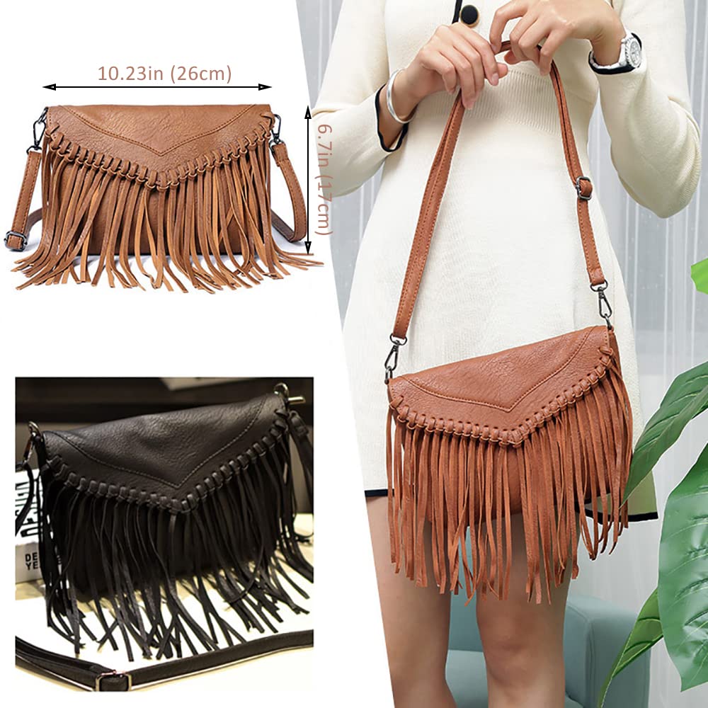 Boho Women's PU Leather Hobo Fringe Crossbody Tassel Purse Vintage Small Handbag (Black)
