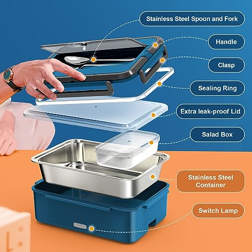 PHIPRIME Electric Lunch Box 80W Fast Heating, 61oz X-Large Heated Lunch Box for Adults with Salad Box, Fork & Spoon, 2 Leak-proof Lids, Dishwasher Safe Self Heating Lunch Box for Work