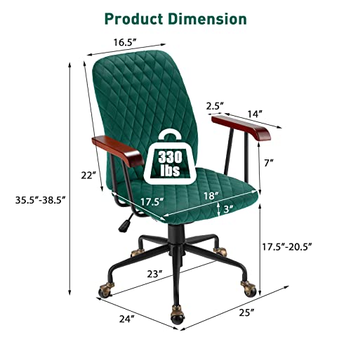 Giantex Home Office Desk Chair Green, Vintage Adjustable Swivel Rolling Chair with Copper Wheels & Armrest, Mid Century Leisure Chair, Velvet Upholstered Computer Chair for Work, Study
