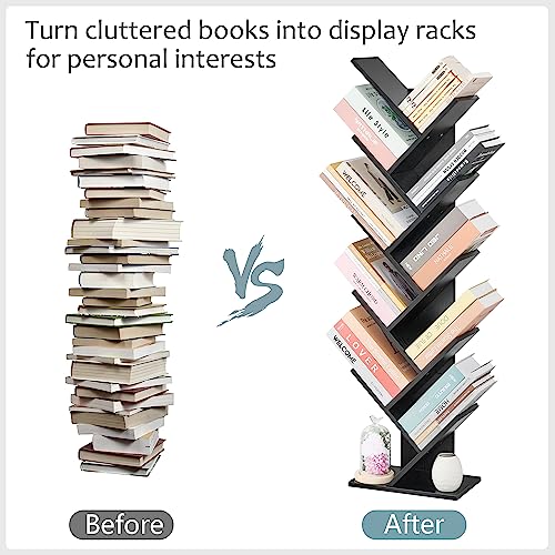 Hoctieon 10 Tier Tree Bookshelf, 10 Shelf Bookcase, Free Standing Tree Bookcase, Display Floor Standing Shelf for Books, Book Organizer Shelves for Home Office, Living Room, Bedroom, Black