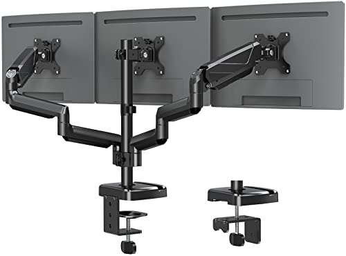 MOUNTUP Triple Monitor Desk Mount, 3 Monitor Stand for Three Max 27 Inch Computer Screen, 4.4-19.8lbs Heavy Duty Gas Spring Triple Monitor Arm Holder, VESA Bracket with Clamp/Grommet Base, Black