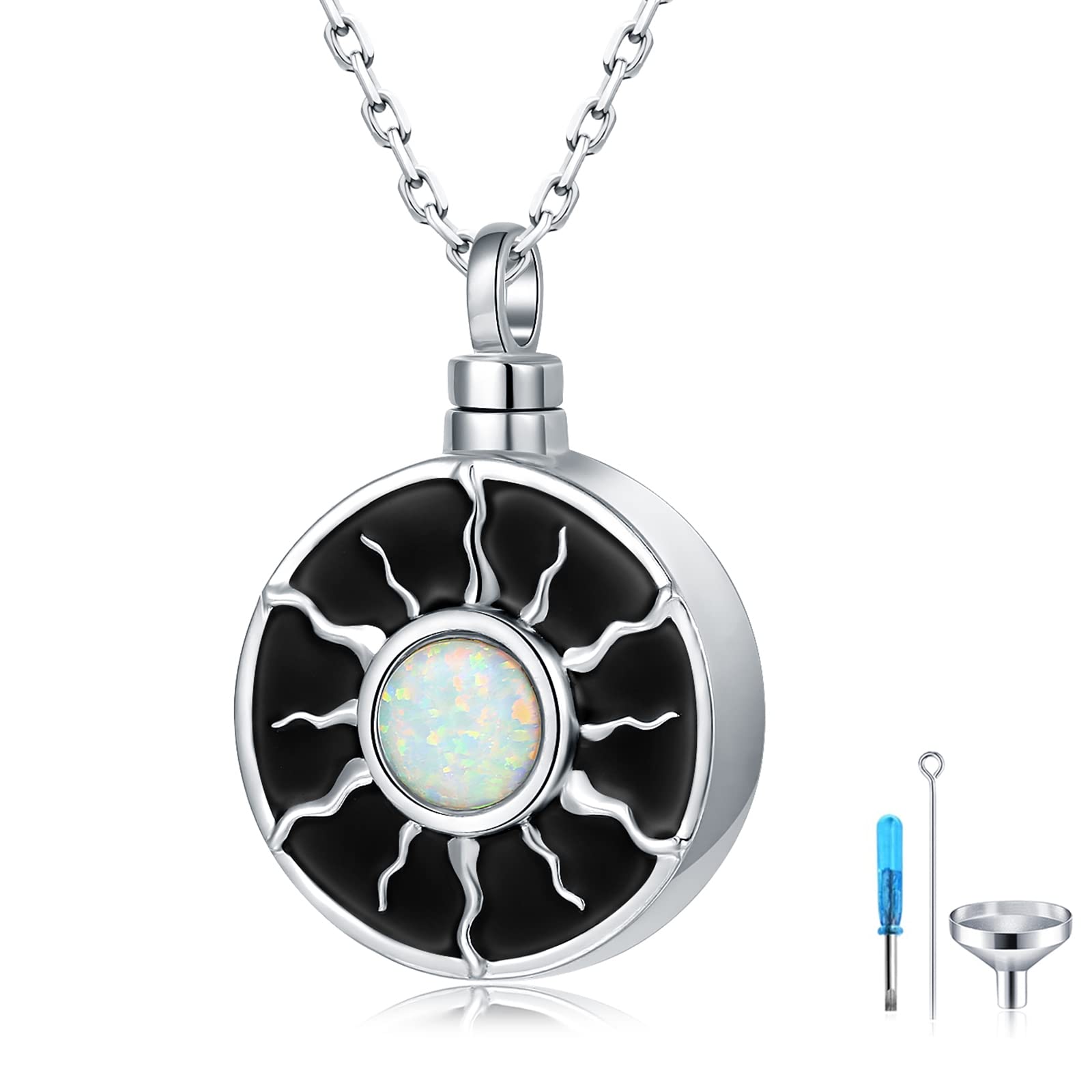 Bolelis Cremation Jewelry Urn Necklace for Ashes - 925 Sterling Silver Sun God Apollo Keepsake Opal Pendant,Round You are My Sunshine Waterproof Memorial Pendant with Filling Kit,Chain 18"+2" Inch