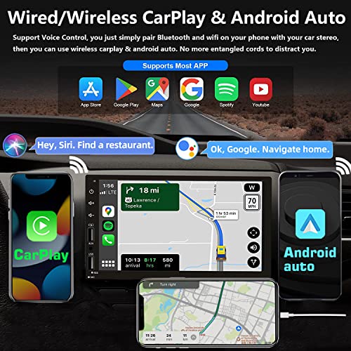 Double Din Car Stereo with Wireless Apple CarPlay & Android Auto, 7inch Touchscreen Car Audio Receiver, Wireless Car Radio with Bluetooth, Backup Camera/Mirrorlink/FM/SWC/Subwoofer/2 USB/AUX Input