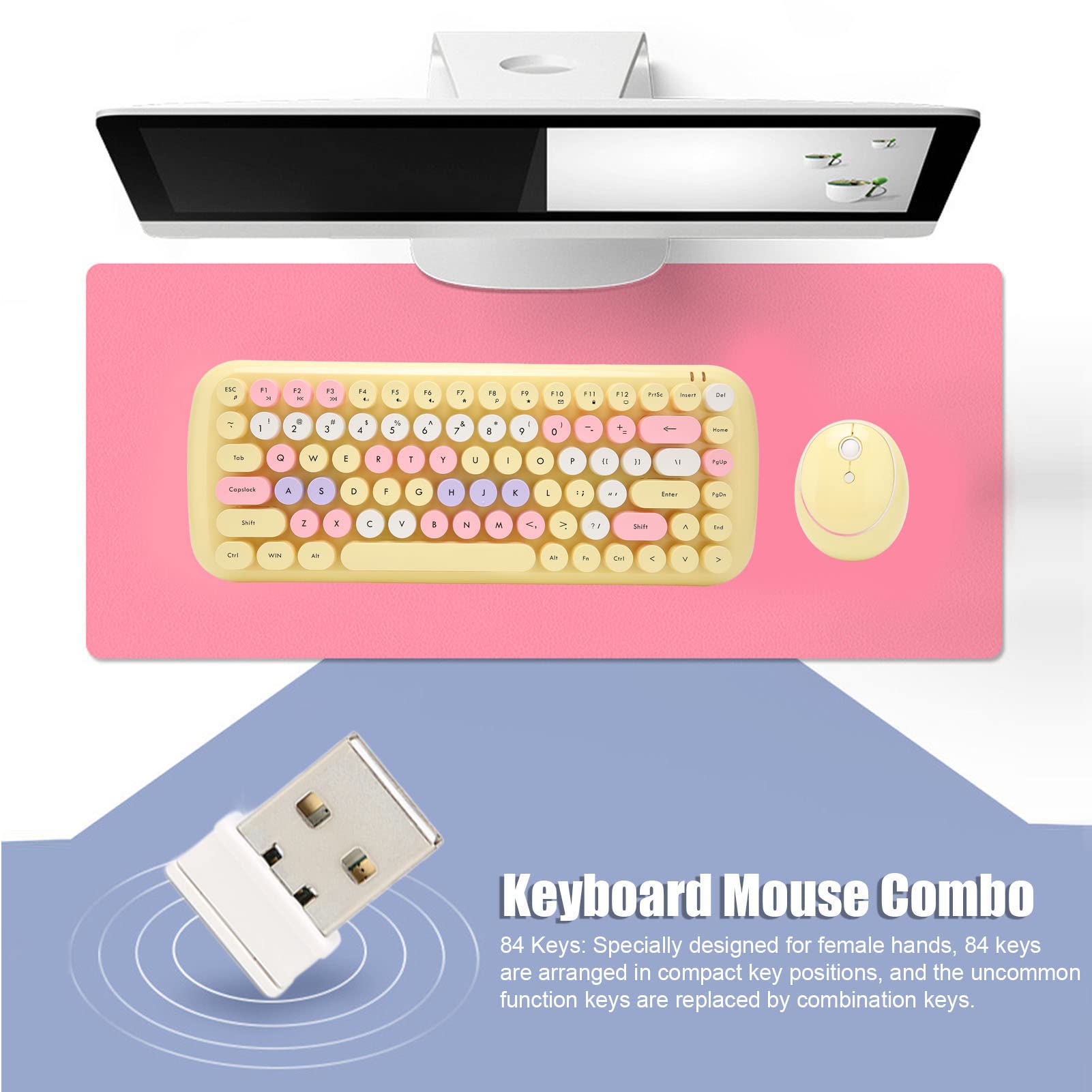 Cute Keyboard Mouse Combo, 84 Keys Mixed Color Keyboard with Round Keycap, 1600DPI Gaming Mouse, Mini Keyboard Mouse Combo for Girls (Candy-Lemon Yellow Mixed Color)