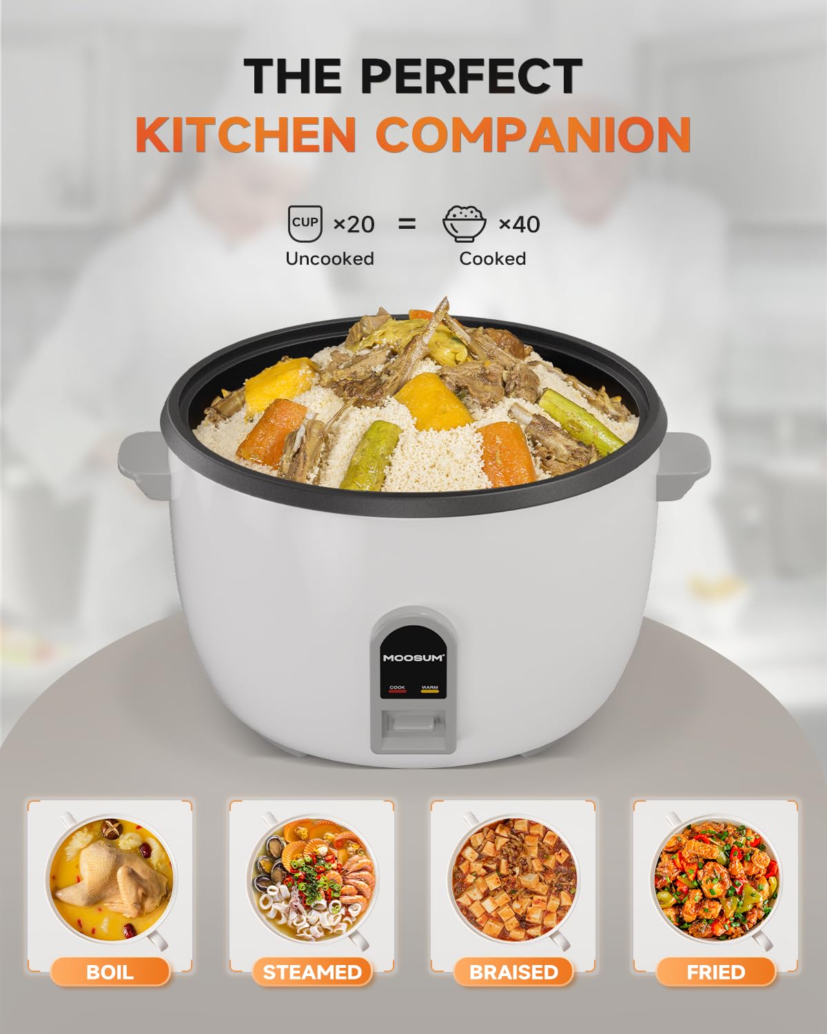 Commercial Rice Cooker, Large Capacity 20-Cup (UnCooked), 40-Cup (Cooked) with One Touch Operation and 12-Hour Keep Warm,Easy to Use and clean,1200W