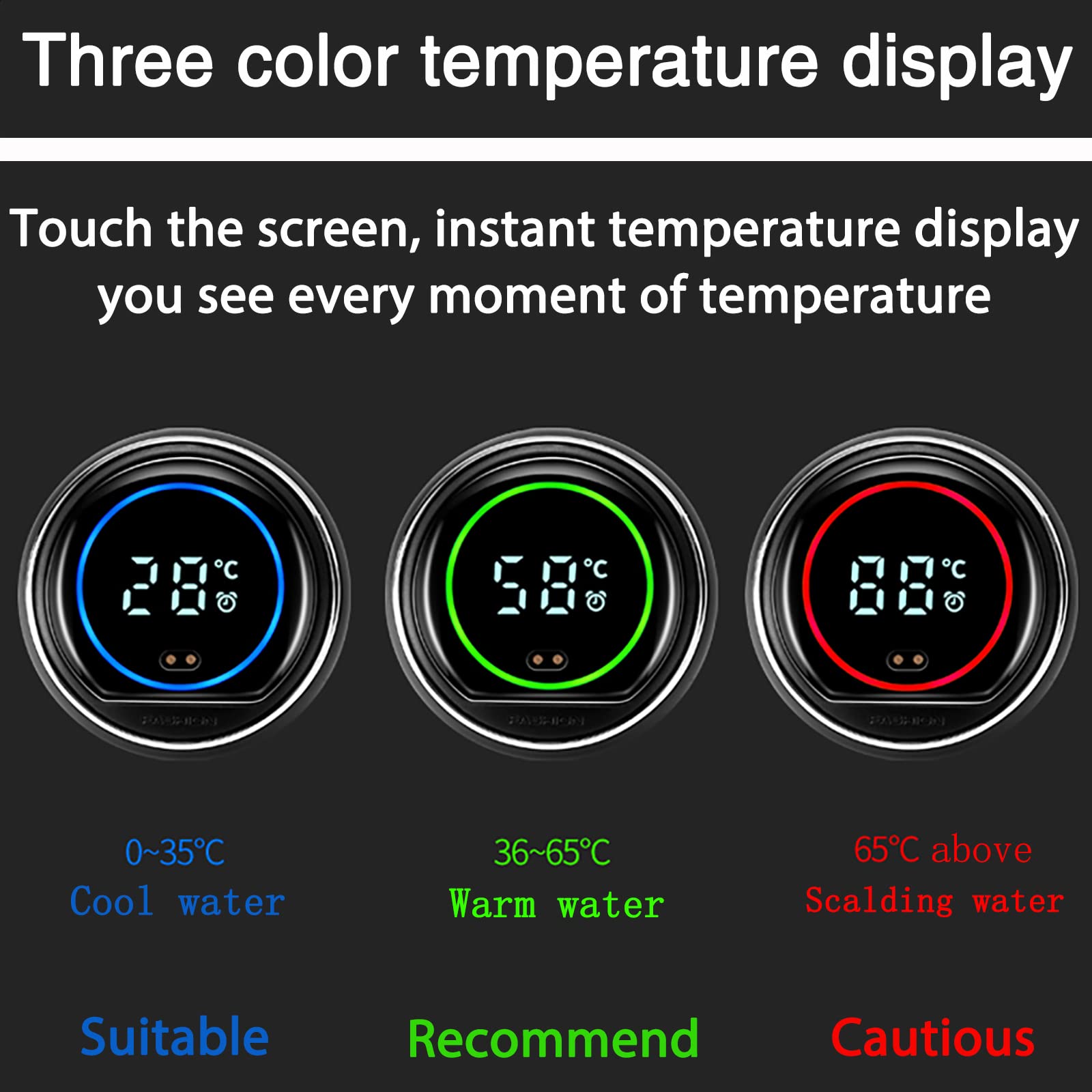 By Luck Temperature Display Water Bottle 16oz - Vacuum Insulated Thermos Bottles, Leakproof, BPA Free, Double Walled Reusable Travel Mug for Keep Hot/Ice Coffee, Tea (Black)